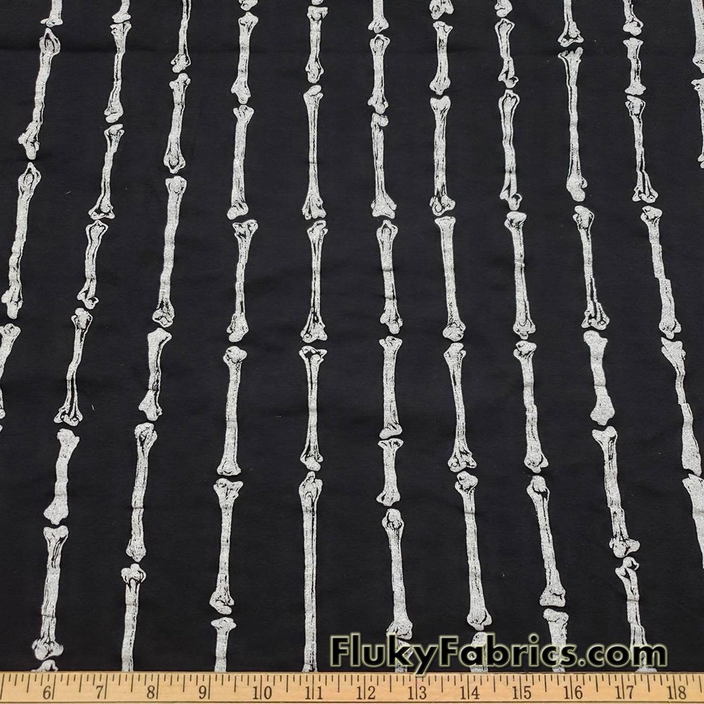 Gray Skeleton Bones Print on Black Cotton Spandex Fabric | #FlukyFabrics