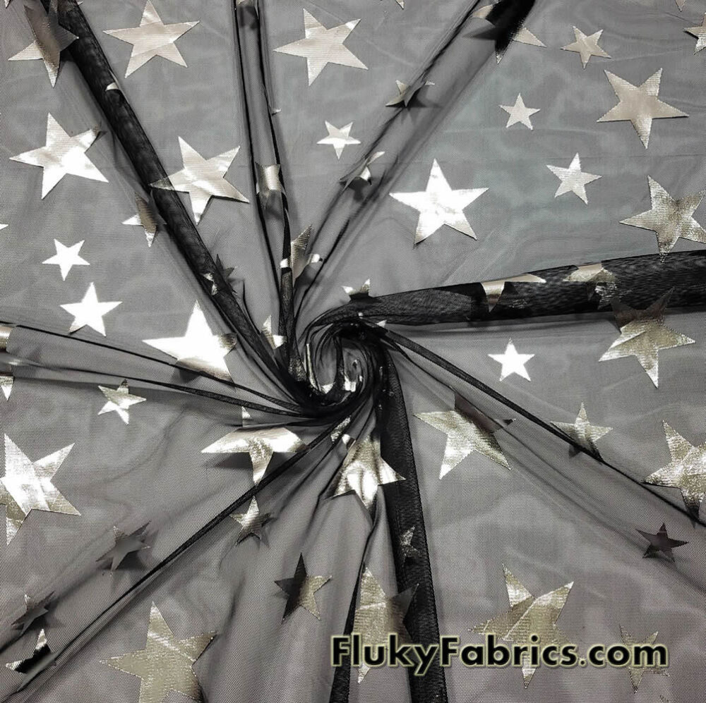 Silver Foil Stars on 2-Way Stretch Black Mesh Fabric - Fluky Fabrics ...