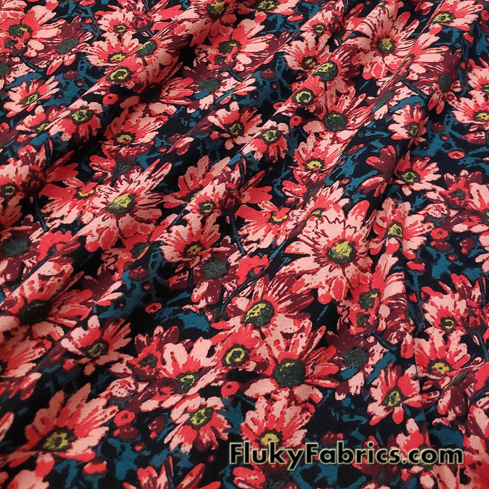 Floral Cotton Spandex Jersey Knit – Salmon Teal Orange Black 4-Way ...