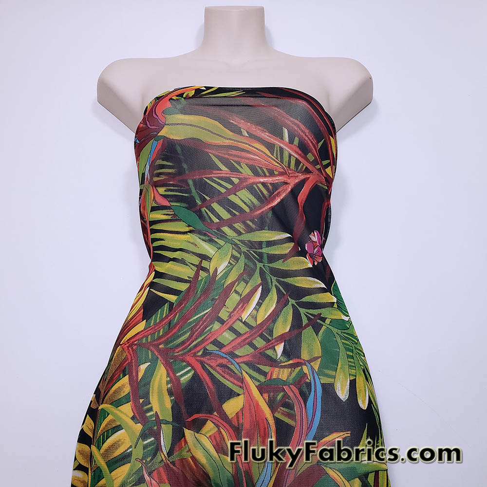 Tropical Floral Stretch Mesh Fabric – Colorful Jungle Leaves & Flowers ...